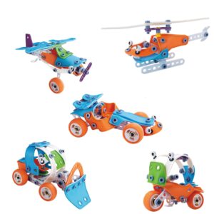 stem learning toys for 6-8 year-old boys & girls. building toy set, early learning construction, 132 pc kit set, fun and creative educational models (5 in 1), includes toolbox storage, best toy gifts