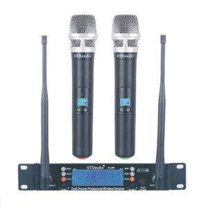 gtd audio 2x100 adjustable frequency channels uhf wireless microphone dj karaoke mic system long range 400ft, battery 12 hours (2 handheld mics)