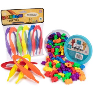 colorful counting bear cubs & jumbo rainbow tweezers - includes bucket of 125+ bears and 6 pairs of tweezers - great for early childhood education, preschool prep, daycare activities, montessori toys