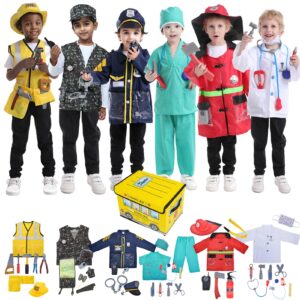 toptie 6 sets kids costumes with storage box, dress up pretend play uniforms with accessories aged 3-7