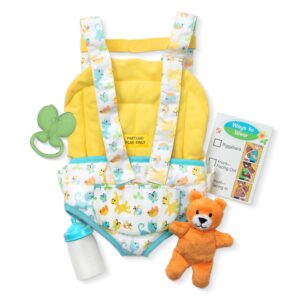 melissa & doug mine to love carrier play set for baby dolls with toy bear, bottle, rattle, activity card, 14.25 x 8.25 x 2.5