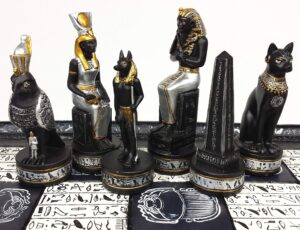 egyptian anubis black and silver chess men set with gold accents - no board