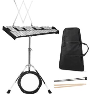 giantex percussion glockenspiel bell kit 30 notes, xylophone with adjustable height frame, music stand, 8" practice pad, bell mallets, drumsticks, carrying bag, for school band beginner student