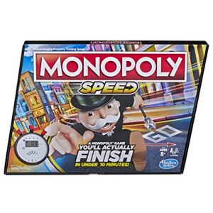 monopoly speed board game, play in under 10 minutes, fast-playing board game for ages 8 and up, game for 2-4 players