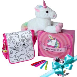 dazmers magical unicorn stuffed animals gift set - 15" - plush unicor with pink sunglasses, purse, sparkling gem stones, glitter, and 5 markers - perfect for girls who love unicorns, stuffed plushie