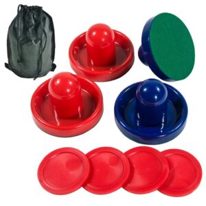 lemon home two colored of air hockey pushers and red air hockey pucks, goal handles paddles replacement accessories for game tables (4 striker, 4 puck pack) (c)