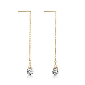 gold plated threader earrings sterling silver teardrop drop pull through threader earrings with cubic zirconia