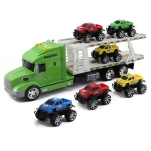 vokodo toy semi truck and trailer 20 inch push and go with lights and sounds includes 6 pickup cars kids big rig auto carrier vehicle pretend play great gift for preschool children boys girls toddlers