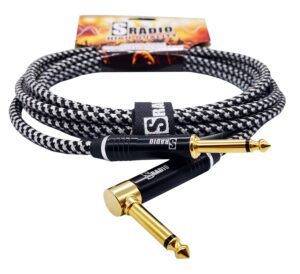 sradio guitar instrument cable 20 foot, amp cord right angle 1/4-inch ts to straight 1/4-inch ts guitar cable 20ft with white tweed cloth for electric guitar，bass，keyboard