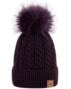 alepo womens winter beanie hat, warm fleece lined knitted soft ski cuff cap with pom pom(dark purple)