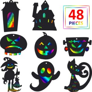 blulu 48 pieces halloween scratch paper rainbow witch pumpkin scratch crafts kit halloween hanging ornaments art with wooden stick and rope for party decoration diy supplies