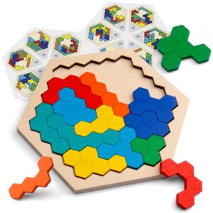 coogam wooden hexagon puzzle for kid adults - shape pattern block tangram brain teaser toy geometry logic iq game stem montessori educational gift for all ages challenge