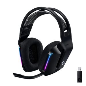 logitech g733 lightspeed wireless gaming headset with suspension headband, lightsync rgb, blue vo!ce mic technology and pro-g audio drivers, lightweight, 29 hour battery life, 20m range - black