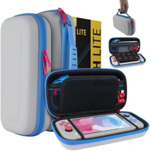 orzly case for nintendo switch lite - portable travel carry case with storage for switch lite games and accessories [grey/blue with a tint of pink special edition]