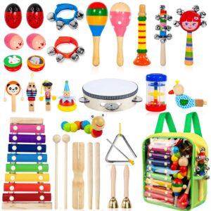 kids musical instruments, 33pcs 18 types wooden percussion instruments tambourine xylophone toys for kids children, preschool education early learning musical toy for boys and girls