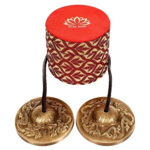 grehge dragon symbol mantra engraved manjira tingsha cymbals-beautiful gift box for meditation,pray,yoga,sound healing, 7.5cm / 3" tingsha bell joined by leather strap