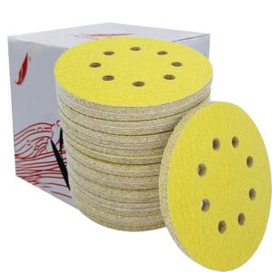 m-jump 100 pack 5 inch sanding discs, 120 grit hook and loop sandpaper for woodworking or automotive, 8 hole gold premium dustless random orbit sandpaper