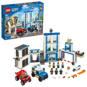 lego 60246 city police station building set with 2 truck toys, light & sound bricks, drone and motorbike