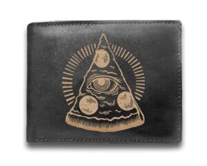 illuminati pizza slice genuine cowhide leather laser engraved engraving slimfold men large capacity luxury wallet purse minimal sleek & slim black card holder organizer 14 pocket