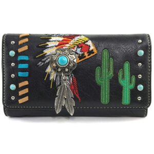 zelris native indian chieftain headdress feather turquoise stone cactus wallet (black)