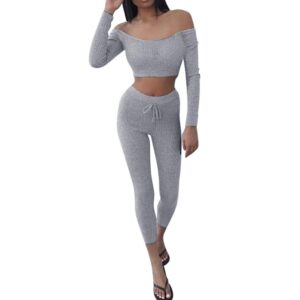 womens pants outfits sets fashion womens long sleeve off shoulder solid bandage crop tops pants casual 2 piece suit autumn (gray, m)