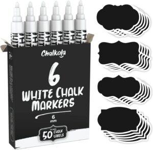 chalkola white chalk markers (6 pack) - white dry erase liquid chalk pens for chalkboard, blackboard, window, bistro, car glass, board, signs - erasable ink 6mm reversible tip + 50 chalk labels