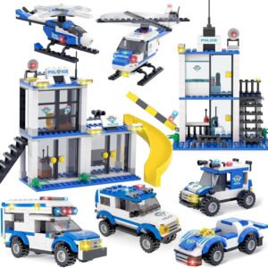 wishalife city police station building kit, includes 4 police cars & 2 helicopter toy, gifts for 6 plus year old kids, boys & girls