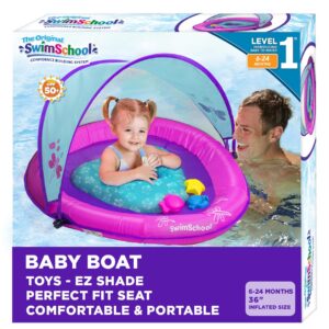 swimschool deluxe baby pool float with adjustable canopy - 6-24 months - baby swim float with splash & play activity center safety seat - pink/aqua