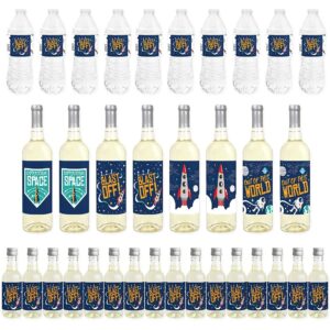 big dot of happiness blast off to outer space - mini wine bottle labels, wine bottle labels and water bottle labels - rocket ship baby shower or birthday party decor - beverage bar kit - 34 pieces