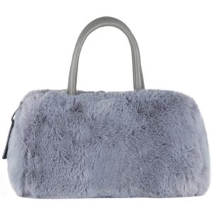 luxe l 100% faux fur bowler bag for women soft modern top-handle handbag with detachable and adjustable faux-leather strap, grey