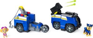 paw patrol, chase split-second 2-in-1 transforming police cruiser vehicle with 2 collectible figures