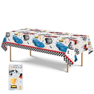 wernnsai racing car tablecloth - 108" x 54" disposable plastic rectangular checkered table covers for kids birthday game sports events race car party supplies