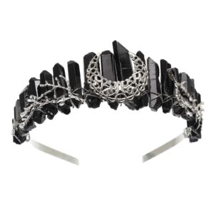 haimeikang raw crystal quartz crown headband handmade tiara natural stone headband for woman wedding and parties (black)