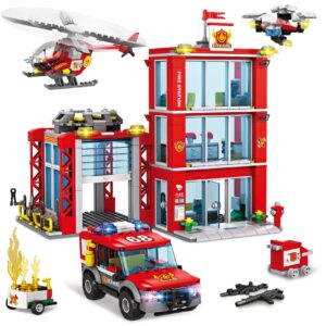 wishalife city fire station building blocks set, fire truck, helicopter, drone, rescue gear, fire command center playset, firefighters roleplay toy gifts for kids boys girls ages 6+ (744 pieces)