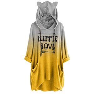 neartime cat ear hoodie for women, ladies long sleeve print casual hooded sweatshirt gradient loose pullover