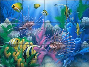 undersea tile mural - lions of the sea by david miller - kitchen shower backsplash (32" x 24' on 8" tiles)