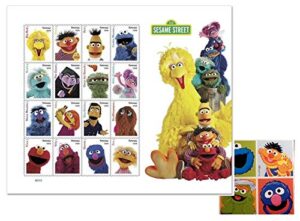 usps 2019 sesame street sheet of 16 forever stamps with set of 4 stickers bundle (2 items)