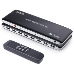 univivi 7 port hdmi switch version 2.0 4k@60hz hdmi switcher support hdr & hdcp 2.2, full hd/3d with ir wireless remote control and power adapter