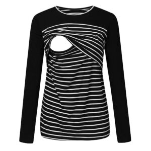 women nursing maternity layered t shirt breastfeeding long sleeve tunics blouse pregnancy striped packwork tees sweatshirts (black, m)