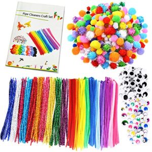 pipe cleaners craft set with diy tutorial, included 200pcs multicolor pipe cleaners chenille stems, 200pcs pom poms, 200pcs self-sticking wiggle googly eyes, for diy art craft