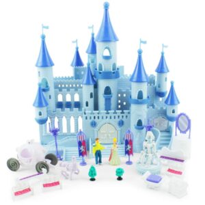 boley princess castle dollhouse - small plastic doll house pop-up castle kit with furniture and front lawn miniatures - 19 piece play set for girls