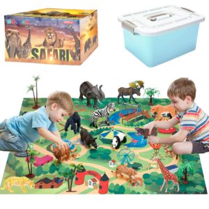 bolzra safari animals figurines toys with activity play mat & trees, realistic plastic jungle wild zoo animals figures playset with elephant, giraffe, lion, gorilla for kids, boys & girls, 22 piece