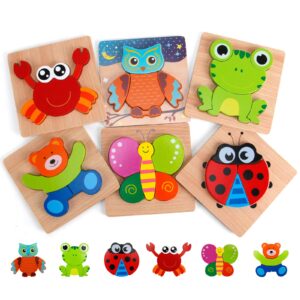 slotic wooden puzzles for toddlers - animal jigsaw puzzles for 1 2 3 years old boys & girls, kids educational toys (pack of 6)