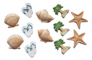 shoreside nautical seashell & island miniature beach themed arts and crafts stickers starfish, seashell, conch shell, palm tree, & flip flop (12 pieces)