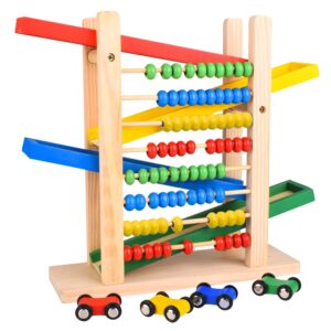 montessori toys - car track for toddlers 3-5 with 4 cars and abacus for kids math - wooden cars - toddler race track - wooden toys cars - autism toys - wooden ramp racer car track toy waldorf toys