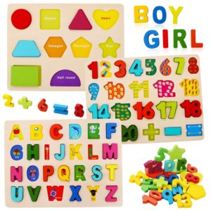 wooden puzzles for toddlers, kesletney wooden alphabet number shape learning puzzles for kids, 3 in 1 montessori preschool educational toys for boys girls ages 3 4 5 years old