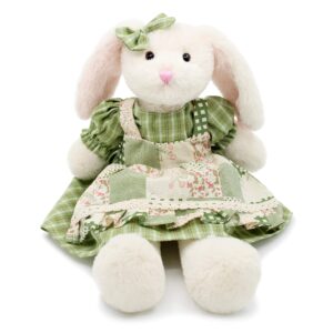 oits cute small soft stuffed animal bunny rabbit plush toy for baby girls 15inch (white rabbit wearing green plaid dress)