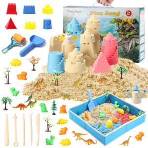 theefun play sand 46pcs sand toys set with 3lbs colored sand-beach sand,foldable cloth sandbox, castle tools, dinosaur figures-sand art kits for toddlers boys girls gifts