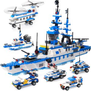 ep exercise n play 1169 pieces police ship building blocks kit with cop car helicopter patrol boat for boys and girls age 6-12