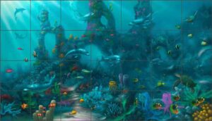 undersea tile mural - dolphin treasures by david miller - kitchen shower backsplash (42" x 24" on 6" tiles)